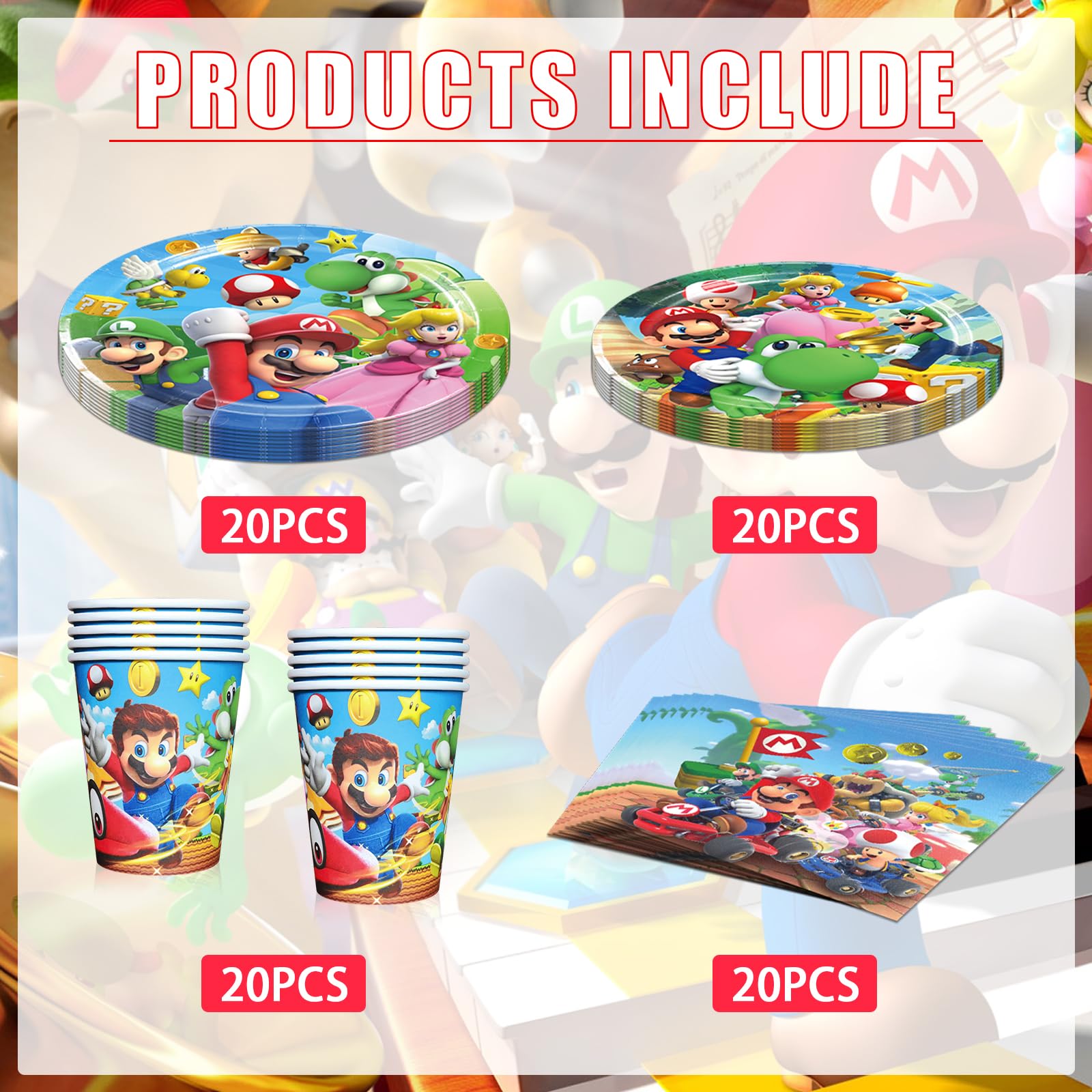 80 PCS Mario Tableware Sets, Birthday Party Supplies Paper Plates and Napkins Set Includes 40 PCS Plates, 20 PCS Napkins, 20 PCS Cups for Mario Party Decorations