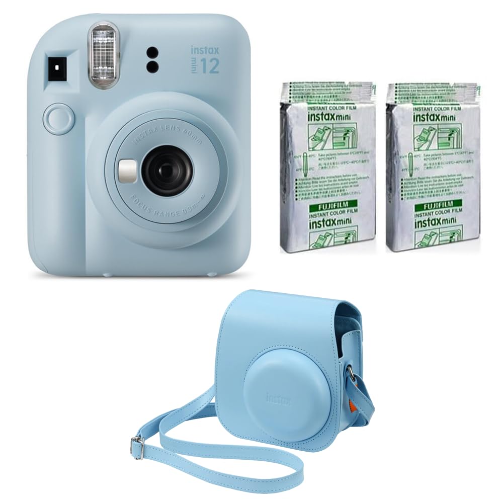 Fujifilm Instax Mini 12 Instant Camera Accessory Kit (Pastel Blue) with Mini Sky Blue Film (2 Pack), Sky Blue Case