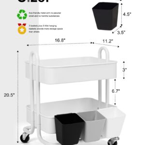 2-Tier Rolling Cart with Wheels, G-Hemobel Metal Utility Cart with 3 Hanging Cups and 2 Lockable Wheels, Organizer Cart with Multi-Functional Storage, White