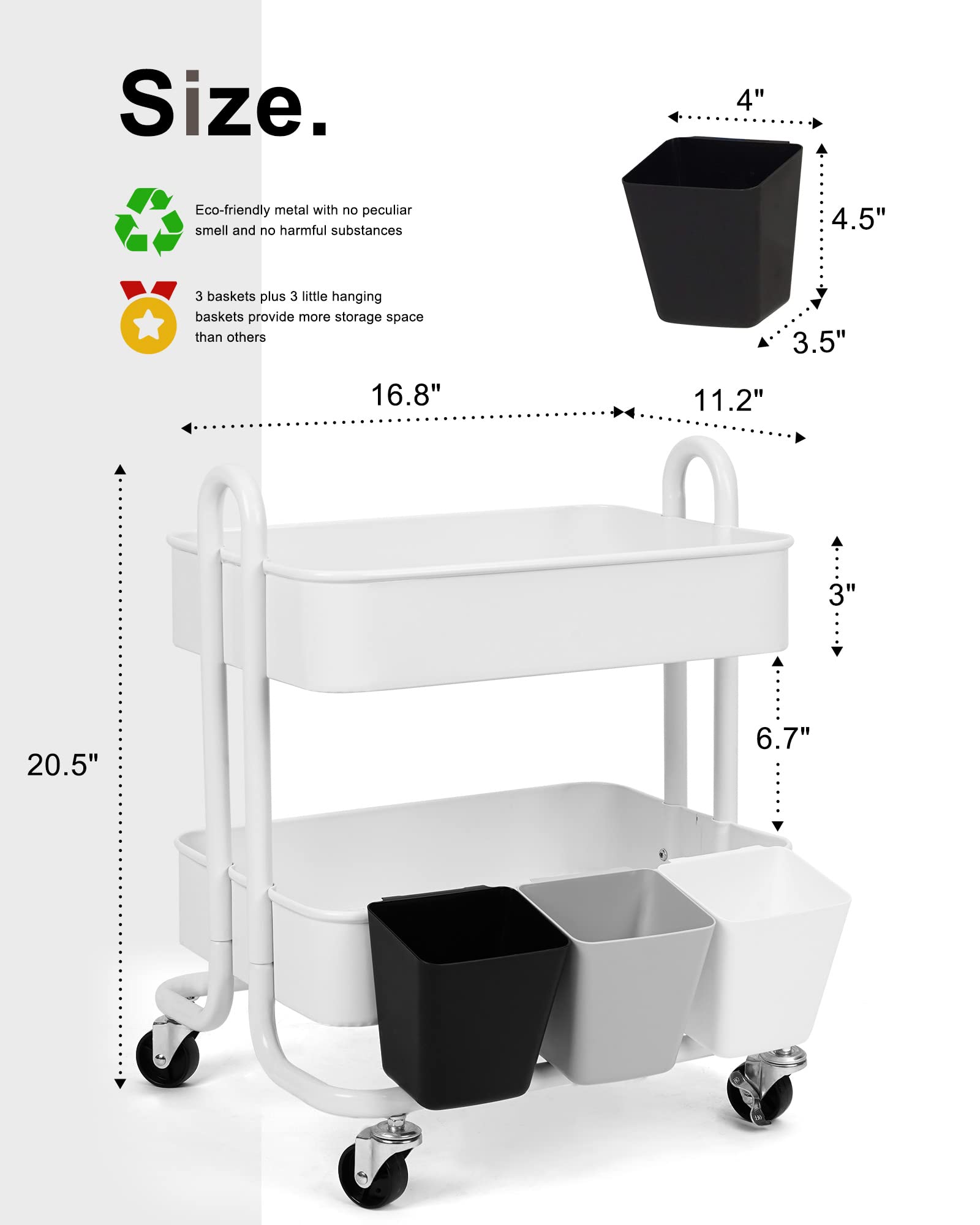 2-Tier Rolling Cart with Wheels, G-Hemobel Metal Utility Cart with 3 Hanging Cups and 2 Lockable Wheels, Organizer Cart with Multi-Functional Storage, White