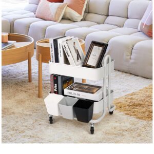 2-Tier Rolling Cart with Wheels, G-Hemobel Metal Utility Cart with 3 Hanging Cups and 2 Lockable Wheels, Organizer Cart with Multi-Functional Storage, White