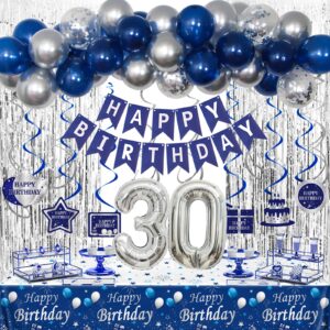 30th birthday decorations for him, blue and silver 30th birthday party decorations for men, happy birthday banner 30th birthday balloons tablecloth fringe curtains hanging swirls bday party supplies