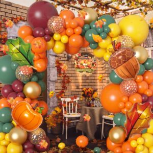 187Pcs Thanksgiving Balloons Garland Arch Kit, Thanksgiving Party Decorations Orange Yellow Burgundy Green Balloon Maple Leaves for Birthday Friendsgiving Little Pumpkin Baby Shower Party Supplies