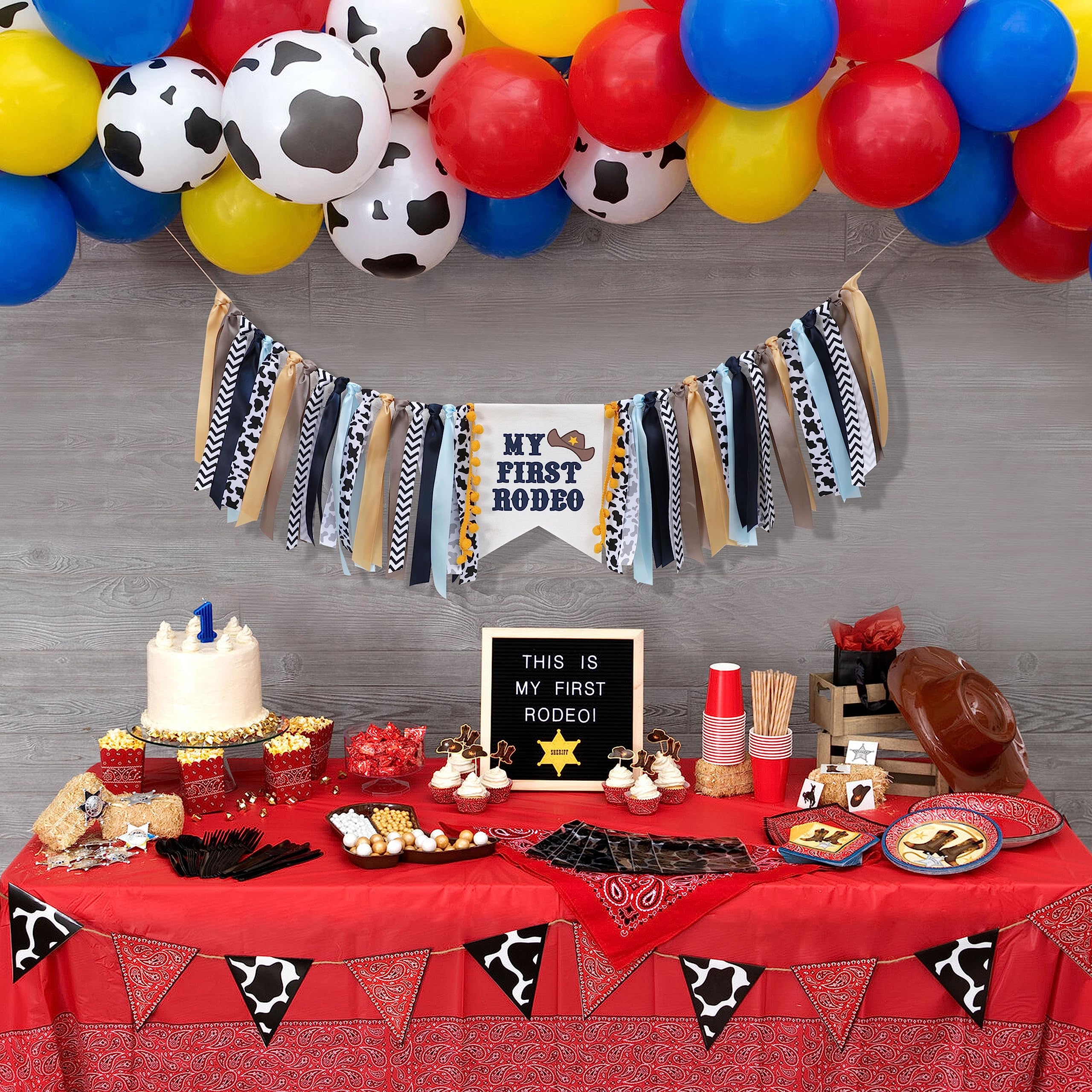 Cowboy 1st Birthday High Chair Banner,My First Rodeo For Kid’S Boy Baby Shower, Barnyard Cow 1st Birthday Party Highchair Decoration Cake Smash, Western Cowboy Backdrop Garland For Photo Props