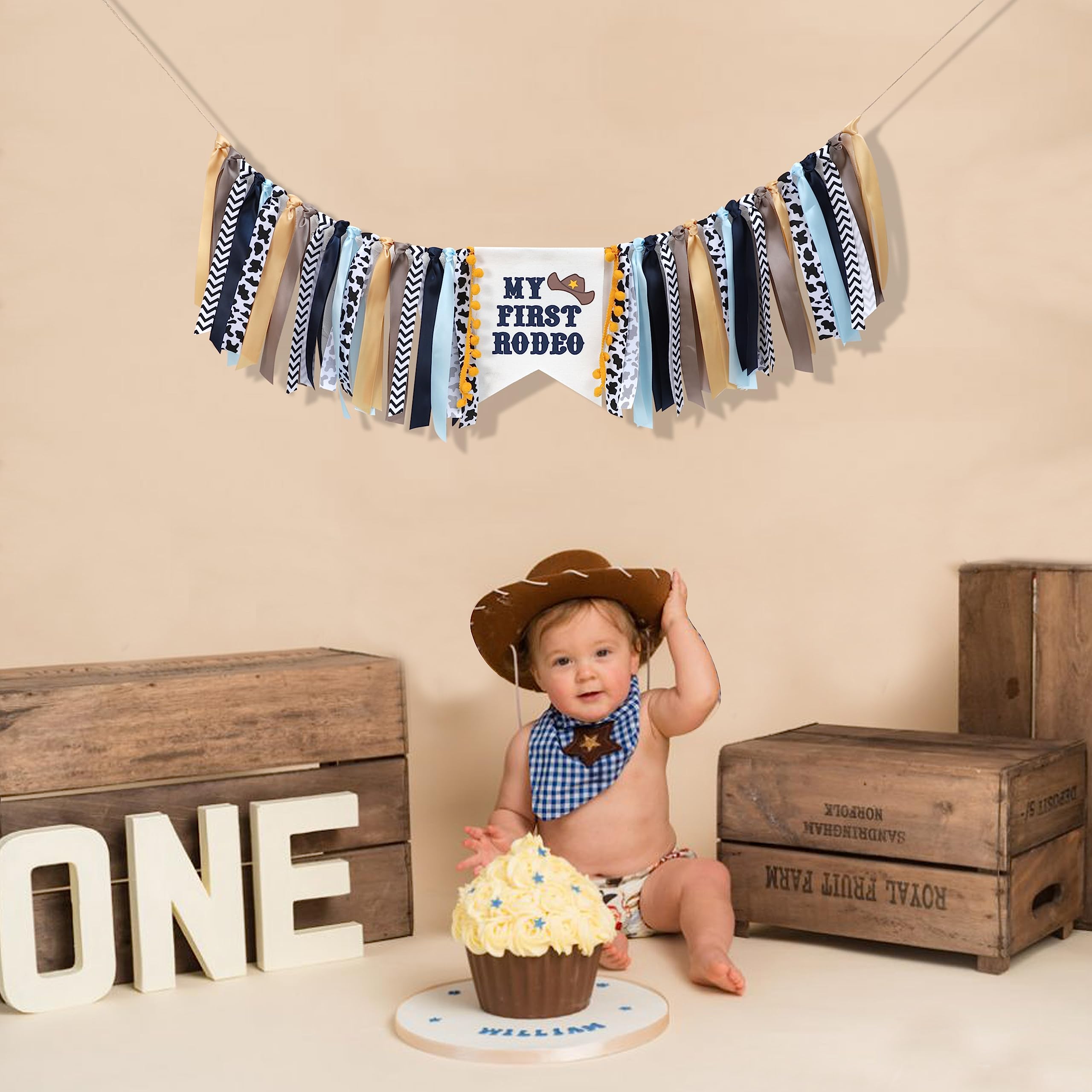 Cowboy 1st Birthday High Chair Banner,My First Rodeo For Kid’S Boy Baby Shower, Barnyard Cow 1st Birthday Party Highchair Decoration Cake Smash, Western Cowboy Backdrop Garland For Photo Props