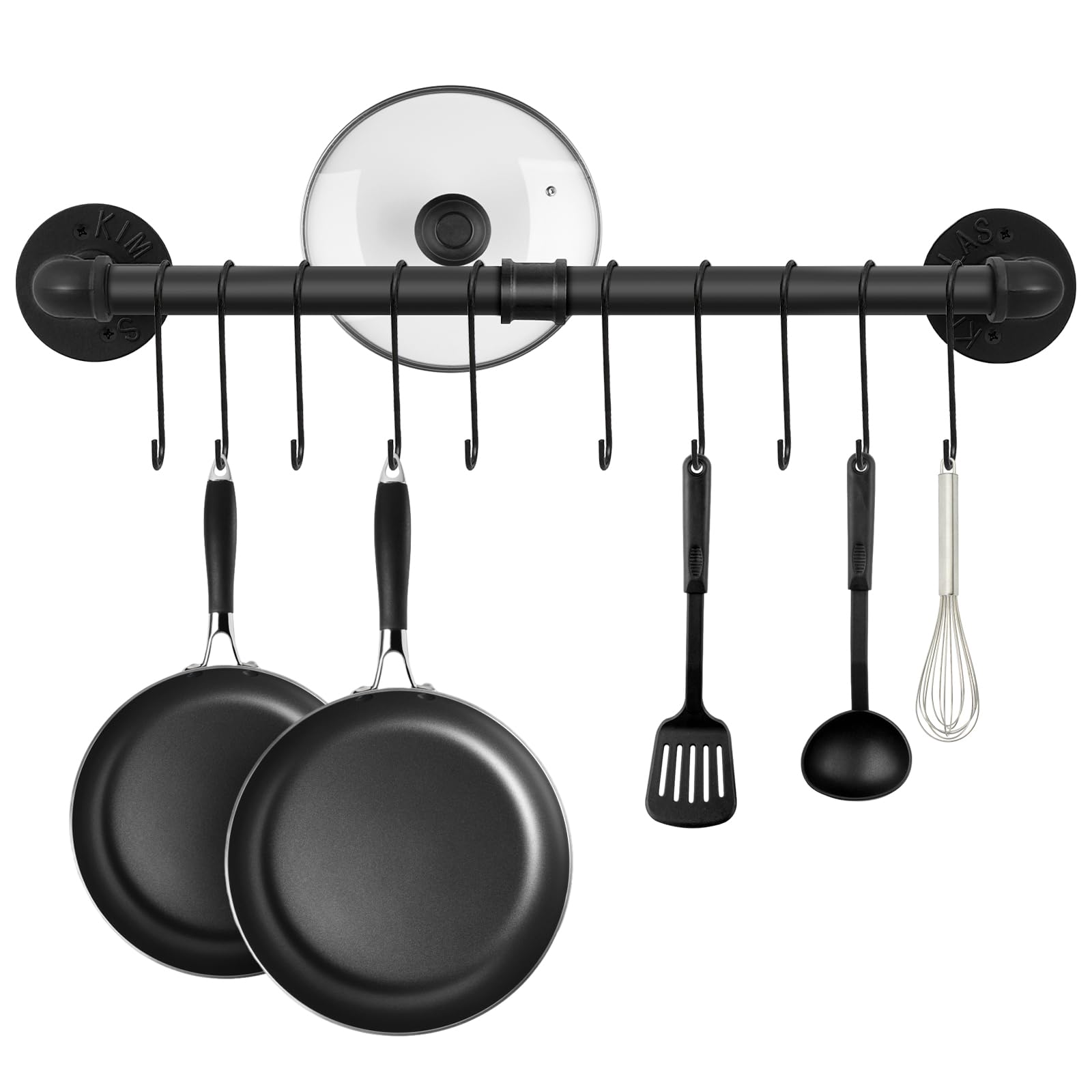 SUJOER Pot Rack Wall Mounted with 15 Hooks, Hanging Pot Pan Organizer Rack,Utensil Industrial Pipe Hanger,Heavy Duty Cast Iron Skillet Storage Rail,Cabinet Black Pots and Pans Storage (23.7inch)