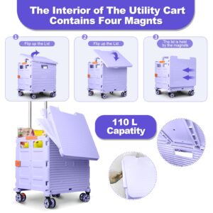 Foldable Utility Cart Collapsible Portable Tool Cart with Wheels Tote Basket,176LBS Load Capacity,Magnetic Lid Telescopic Cover with 360° Wheels Telescoping Handle for Grocery Laundry Luggage,Purple