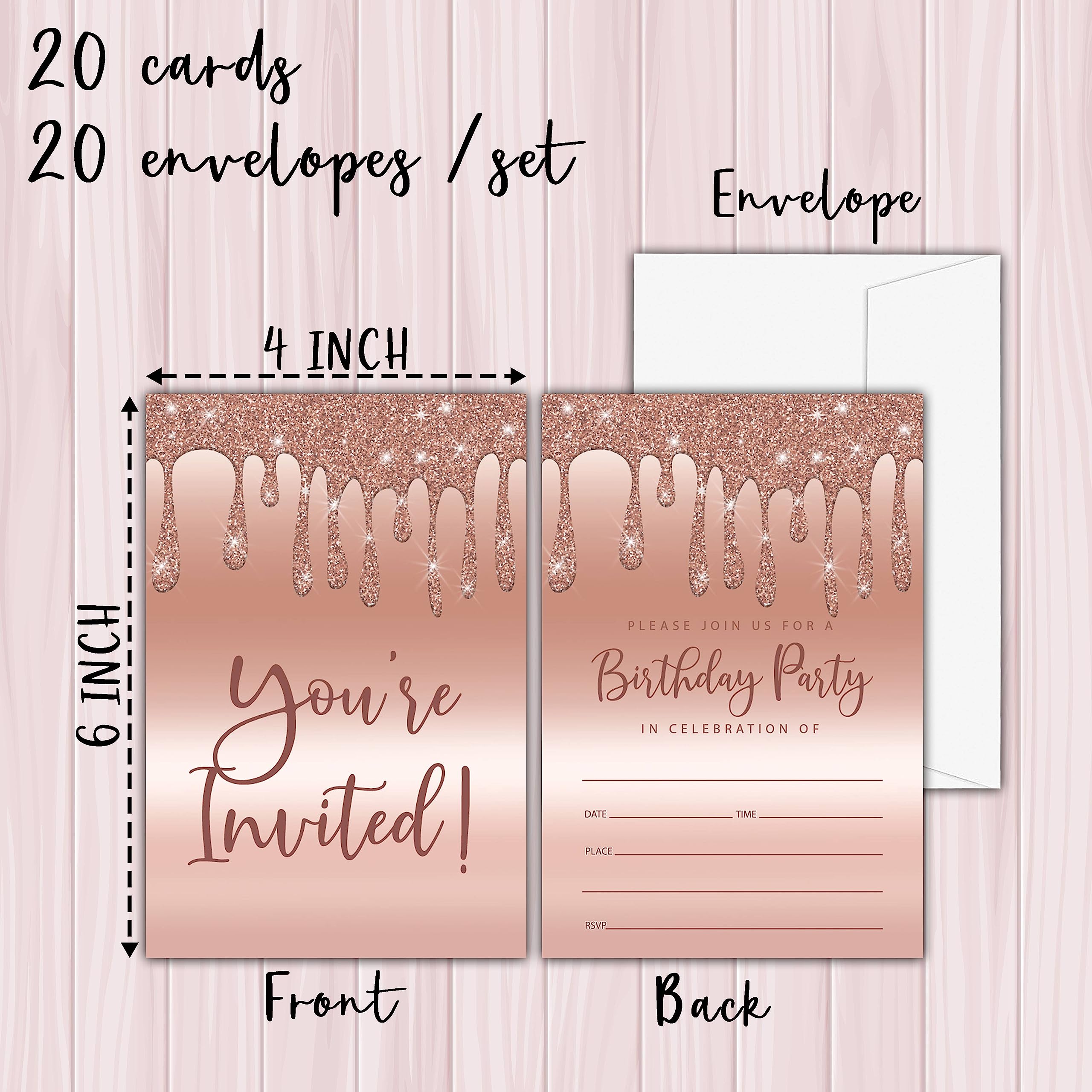 Glitter Slime Birthday Invitations, Dripping Rose Gold Birthday Party Invitation Card, Sparkle Slime Birthday Party Favors, Glitter Drip Theme Celebration Supplies(20 Set of Invitations with