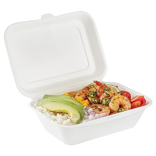 Restaurantware Pulp Safe No PFAS Added 20 Ounce Clamshell Boxes 100 Disposable Containers - Home Compostable Microwavable And Freezable White Bagasse Containers Built-In Hinged Lid