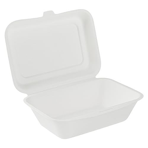 Restaurantware Pulp Safe No PFAS Added 20 Ounce Clamshell Boxes 100 Disposable Containers - Home Compostable Microwavable And Freezable White Bagasse Containers Built-In Hinged Lid