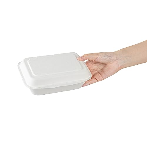 Restaurantware Pulp Safe No PFAS Added 20 Ounce Clamshell Boxes 100 Disposable Containers - Home Compostable Microwavable And Freezable White Bagasse Containers Built-In Hinged Lid