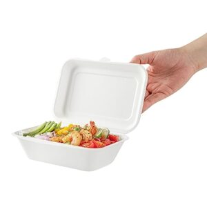 Restaurantware Pulp Safe No PFAS Added 20 Ounce Clamshell Boxes 100 Disposable Containers - Home Compostable Microwavable And Freezable White Bagasse Containers Built-In Hinged Lid