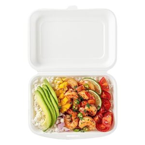 Restaurantware Pulp Safe No PFAS Added 20 Ounce Clamshell Boxes 100 Disposable Containers - Home Compostable Microwavable And Freezable White Bagasse Containers Built-In Hinged Lid