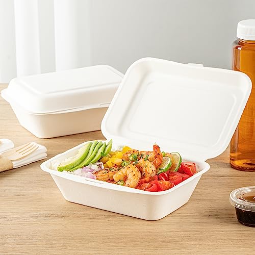 Restaurantware Pulp Safe No PFAS Added 20 Ounce Clamshell Boxes 100 Disposable Containers - Home Compostable Microwavable And Freezable White Bagasse Containers Built-In Hinged Lid