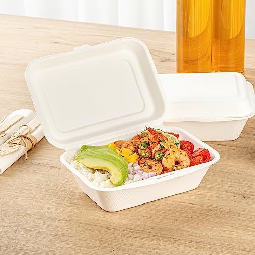 Restaurantware Pulp Safe No PFAS Added 20 Ounce Clamshell Boxes 100 Disposable Containers - Home Compostable Microwavable And Freezable White Bagasse Containers Built-In Hinged Lid