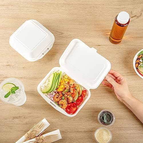 Restaurantware Pulp Safe No PFAS Added 20 Ounce Clamshell Boxes 100 Disposable Containers - Home Compostable Microwavable And Freezable White Bagasse Containers Built-In Hinged Lid