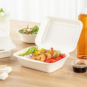 Restaurantware Pulp Safe No PFAS Added 20 Ounce Clamshell Boxes 100 Disposable Containers - Home Compostable Microwavable And Freezable White Bagasse Containers Built-In Hinged Lid