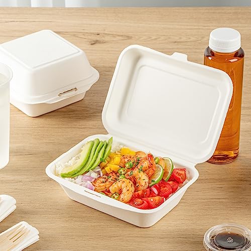 Restaurantware Pulp Safe No PFAS Added 20 Ounce Clamshell Boxes 100 Disposable Containers - Home Compostable Microwavable And Freezable White Bagasse Containers Built-In Hinged Lid