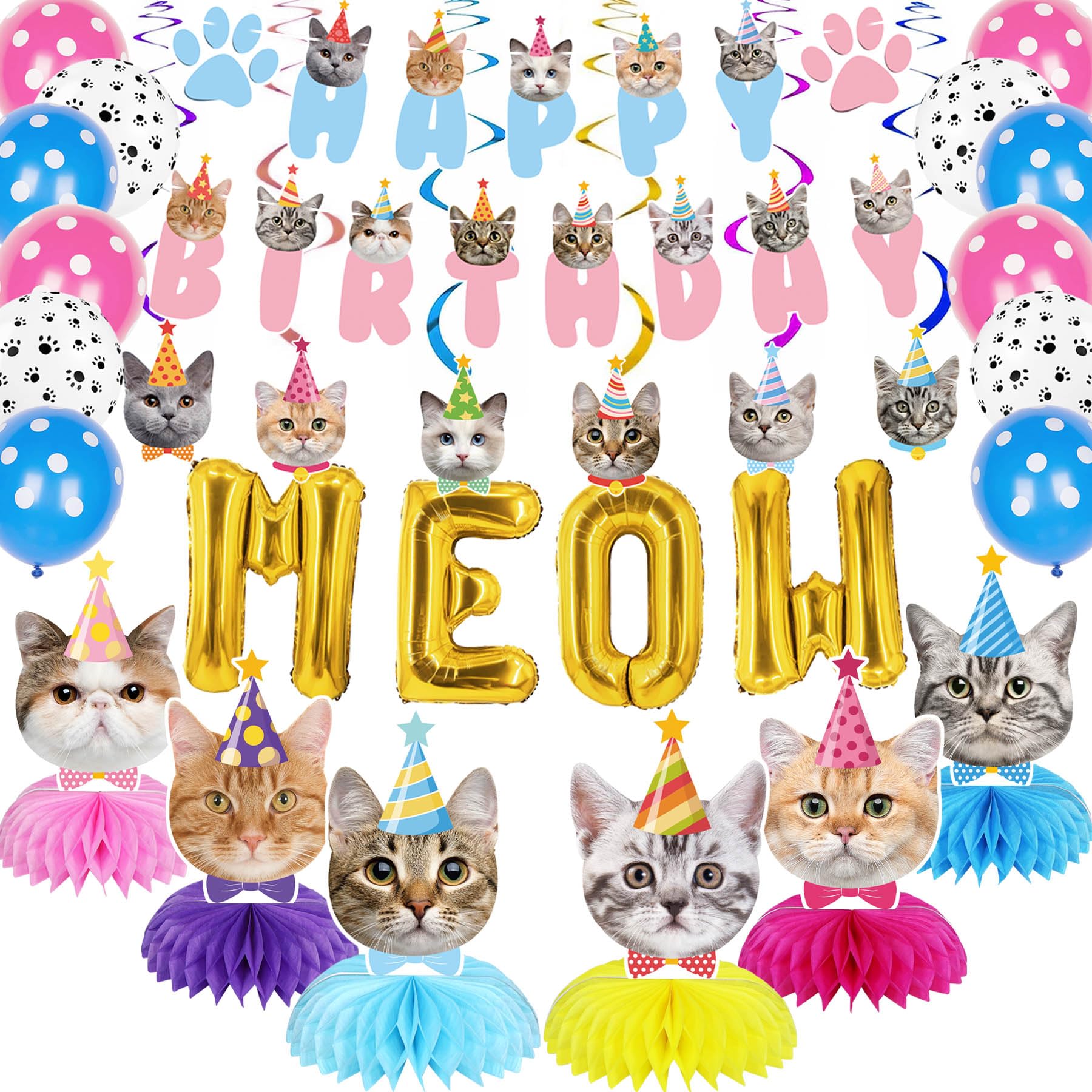 GOYOSWA Cat Birthday Party Supplies Cat Birthday Party Decorations, Cat Themed Birthday Party Supplies Includes 1 Birthday Banner, 6 Cat Honeycomb Centerpieces, 6 Hanging Swirls with 6 Cat Cutouts Decorations, MEOW Letter Balloons and 12 Balloons