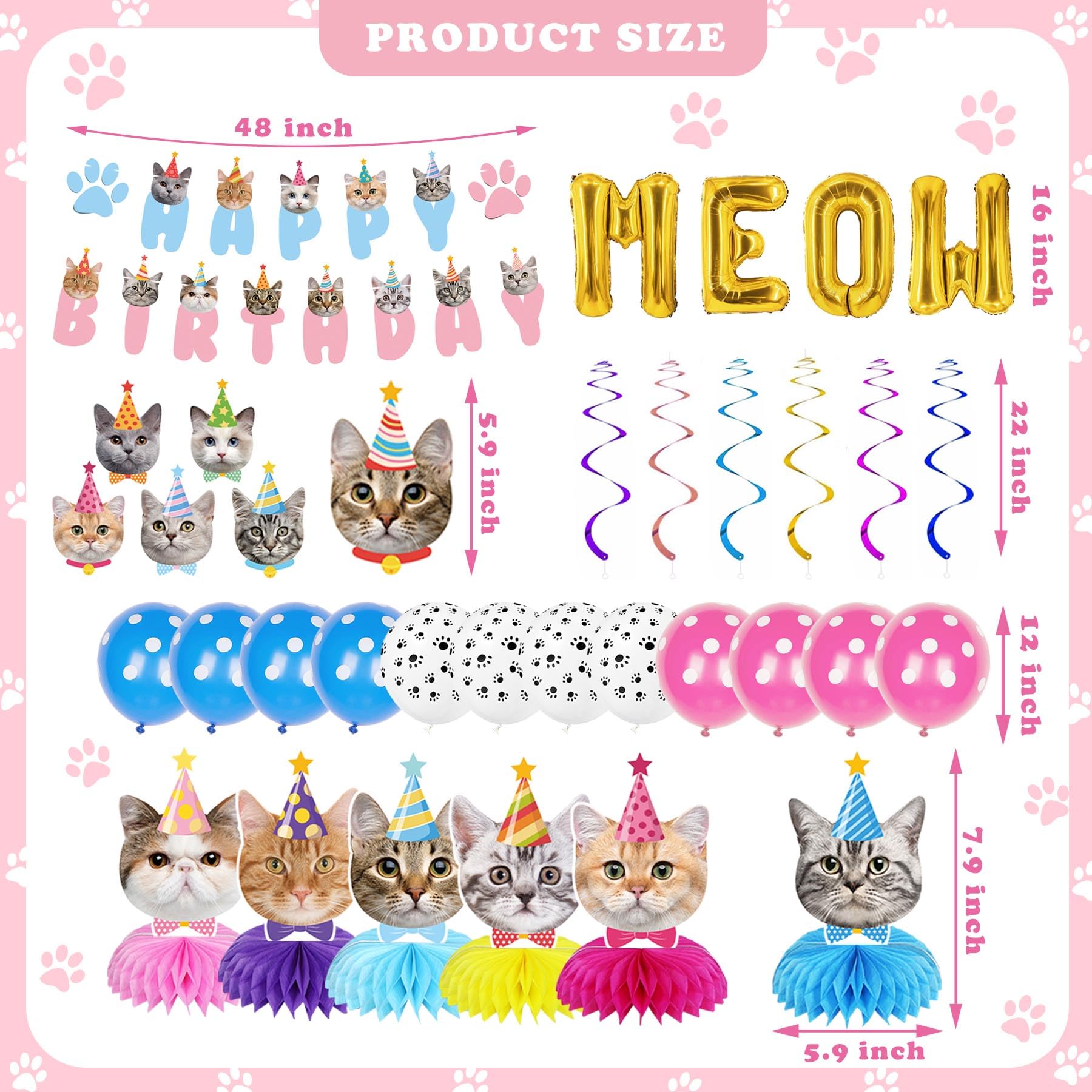 GOYOSWA Cat Birthday Party Supplies Cat Birthday Party Decorations, Cat Themed Birthday Party Supplies Includes 1 Birthday Banner, 6 Cat Honeycomb Centerpieces, 6 Hanging Swirls with 6 Cat Cutouts Decorations, MEOW Letter Balloons and 12 Balloons