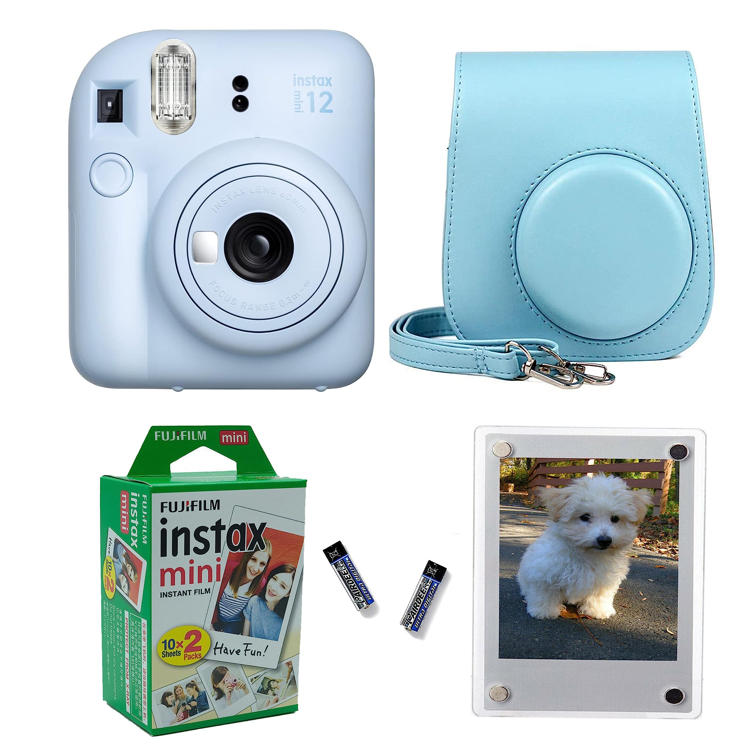 Fujifilm Instax Mini 12 Instant Camera + Pro Design Protective Case & Magnetic Lucite Frames, 20 Sheets (Pastel Blue)