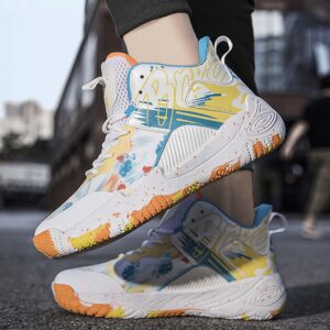 WURTON Women Men Basketball Shoes Fashion Running Sneakers Graffiti Style Sport Shoes Low-top Lace-up Breathable Combat Shoes White Orange