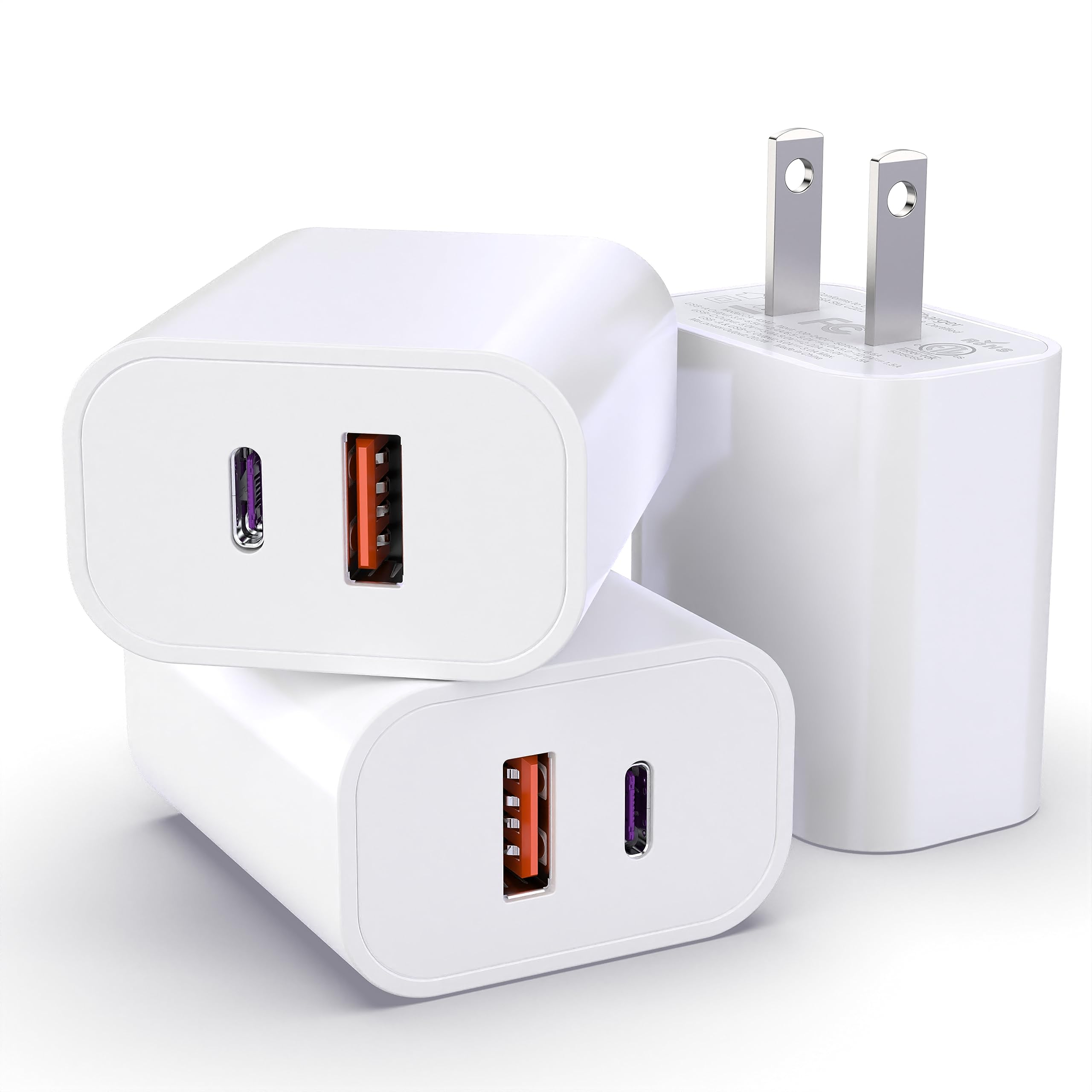 USB C Charger Block, 20W Dual Port PD+QC Power Wall Charger Adapter, Fast Charging Plug for iPhone 15/14/13/12/11/Pro Max/XS/XR/X, Samsung Galaxy, LG and More-3Pack