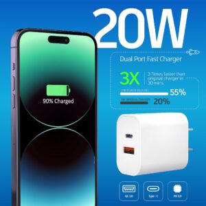 USB C Charger Block, 20W Dual Port PD+QC Power Wall Charger Adapter, Fast Charging Plug for iPhone 15/14/13/12/11/Pro Max/XS/XR/X, Samsung Galaxy, LG and More-3Pack