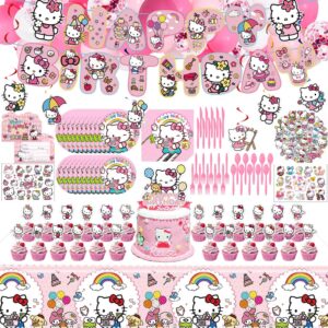 kawaii birthday party supplies, kawaii birthday party decorations set include banner, tattoos invitation cards, hanging swirls, stickers, tableware, cake toppers, balloons, kawaii cute party favors