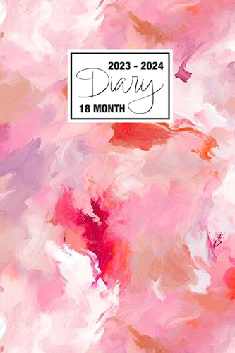 2023 - 2024: 18 Month Diary A5 Week to View on 2 Pages Weekly Journal Agenda WO2P Planner Jul 23 to Dec 24 Horizontal With Moon Phases, UK & US ... Blush Pink And White Textured Brush Strokes