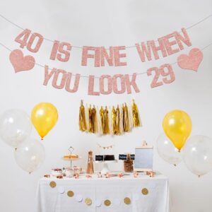 40 is Fine When You Look 29 Banner，40th Birthday Banner，Hello 40 Theme Decor Decorations, Fortylicious for 40th Birthday Party Supplies Rose Gold