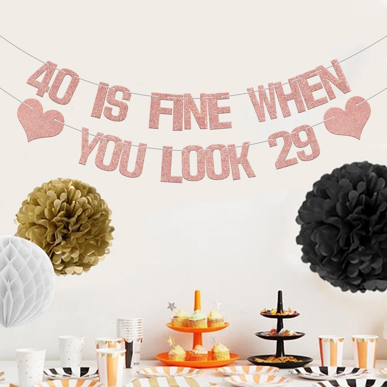 40 is Fine When You Look 29 Banner，40th Birthday Banner，Hello 40 Theme Decor Decorations, Fortylicious for 40th Birthday Party Supplies Rose Gold