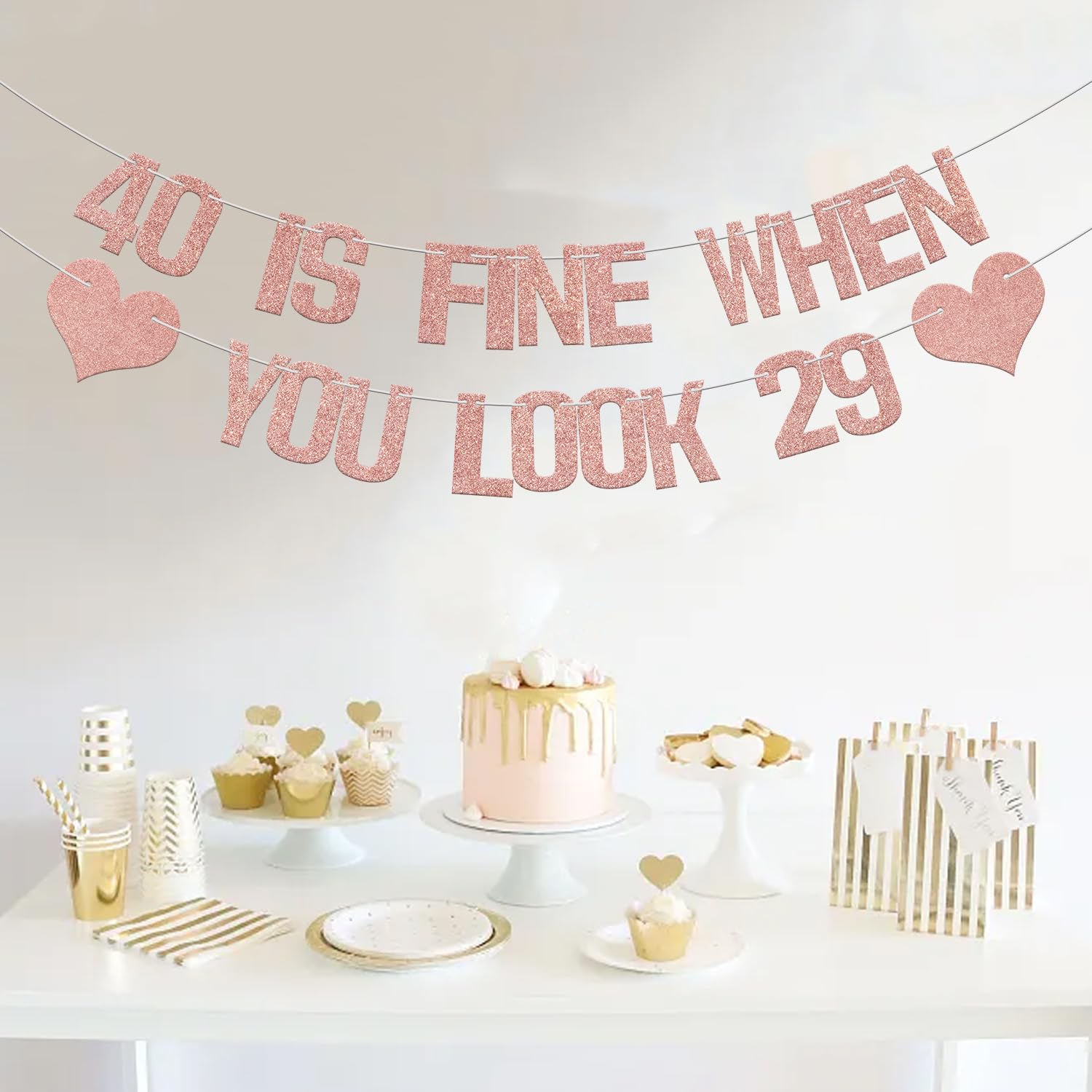 40 is Fine When You Look 29 Banner，40th Birthday Banner，Hello 40 Theme Decor Decorations, Fortylicious for 40th Birthday Party Supplies Rose Gold