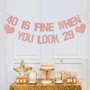 40 is Fine When You Look 29 Banner，40th Birthday Banner，Hello 40 Theme Decor Decorations, Fortylicious for 40th Birthday Party Supplies Rose Gold