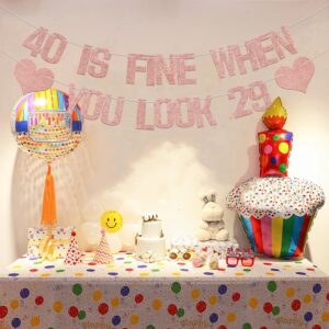 40 is Fine When You Look 29 Banner，40th Birthday Banner，Hello 40 Theme Decor Decorations, Fortylicious for 40th Birthday Party Supplies Rose Gold