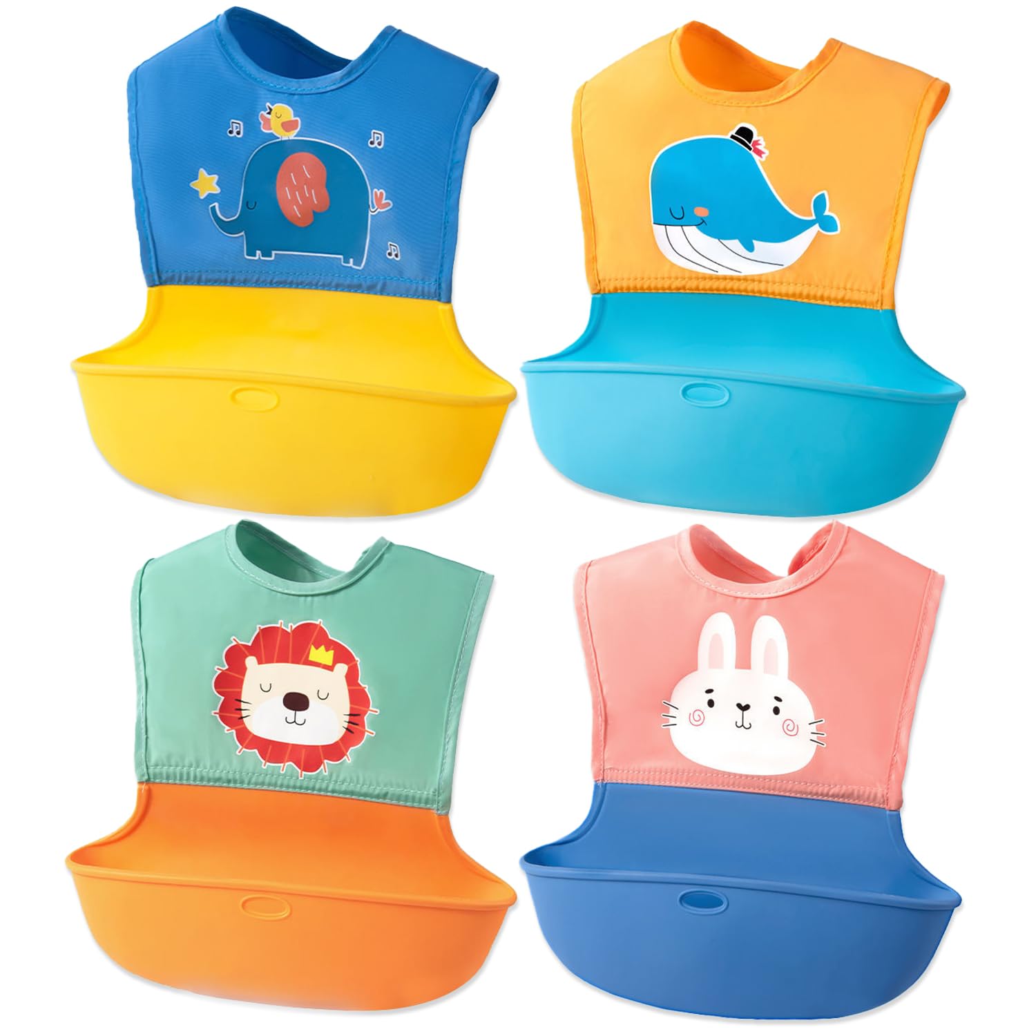 SEEFINIX Cute Silicone Baby Bibs for Babies & Toddlers (10-72 Months) Adjustable Waterproof Baby Feeding Bibs With Large Front Pocket -4 Pack