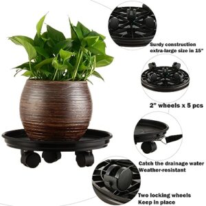 5 Packs Extra-large Plant Caddy with Wheels 15" Rolling Plant Stands Heavy-duty Plant Dolly Plastic Planter Roller Base Pot Movers Plant Saucer on Wheels Indoor Outdoor Plant Tray Coaster, Matte Black