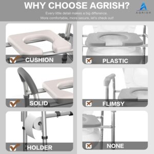 Agrish 3-in-1 Raised Toilet Seat - [Adjustable Width/Height] with Handles, Heavy Duty 400lbs Medical Safety Handrails w/Padded Cushion Seat - Toilet Seat Raisers for Seniors, Handicap, Pregnant