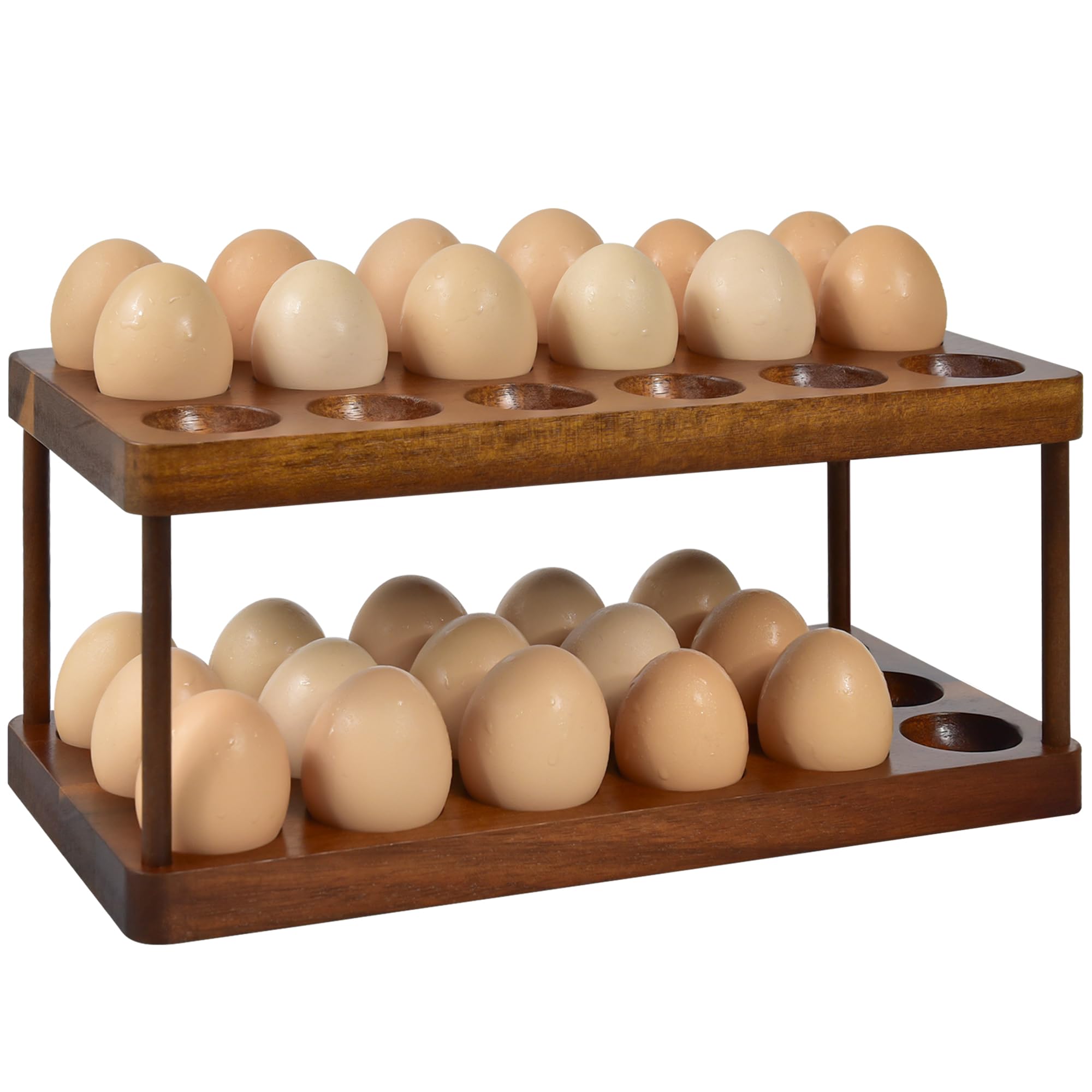 Sishynio Wooden Double Layer Egg Holder - Farmhouse Kitchen Acacia Egg Tray Organizer - 2 Tier Fresh Egg Storage Rack Basket for Countertop, 36 Capacity