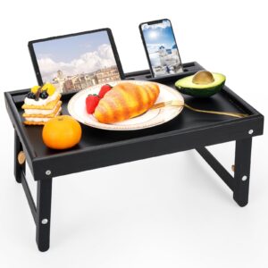 moretoes bed tray table for eating, bamboo breakfast food tray with adjustable folding legs and phone holders for sofa laptop desk snack tray(black)