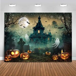 mocsicka halloween photo backdrop full night moon halloween banner scary castle graveyard pumpkin lantern background for kids adult family party decorations halloween backdrop for photography(7x5ft)