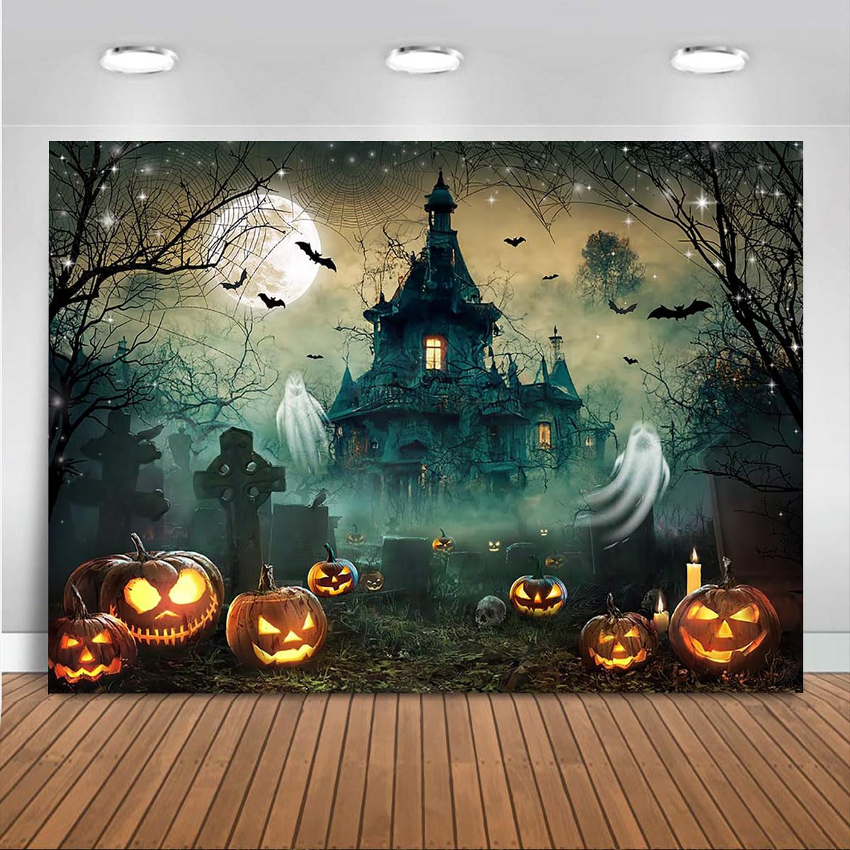 Mocsicka Halloween Photo Backdrop Full Night Moon Halloween Banner Scary Castle Graveyard Pumpkin Lantern Background for Kids Adult Family Party Decorations Halloween Backdrop for Photography(7x5ft)