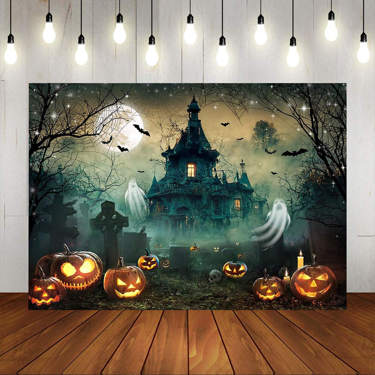 Mocsicka Halloween Photo Backdrop Full Night Moon Halloween Banner Scary Castle Graveyard Pumpkin Lantern Background for Kids Adult Family Party Decorations Halloween Backdrop for Photography(7x5ft)