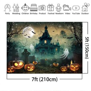 Mocsicka Halloween Photo Backdrop Full Night Moon Halloween Banner Scary Castle Graveyard Pumpkin Lantern Background for Kids Adult Family Party Decorations Halloween Backdrop for Photography(7x5ft)