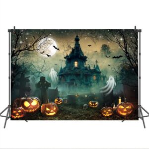 Mocsicka Halloween Photo Backdrop Full Night Moon Halloween Banner Scary Castle Graveyard Pumpkin Lantern Background for Kids Adult Family Party Decorations Halloween Backdrop for Photography(7x5ft)