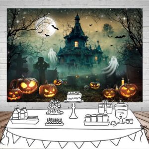 Mocsicka Halloween Photo Backdrop Full Night Moon Halloween Banner Scary Castle Graveyard Pumpkin Lantern Background for Kids Adult Family Party Decorations Halloween Backdrop for Photography(7x5ft)