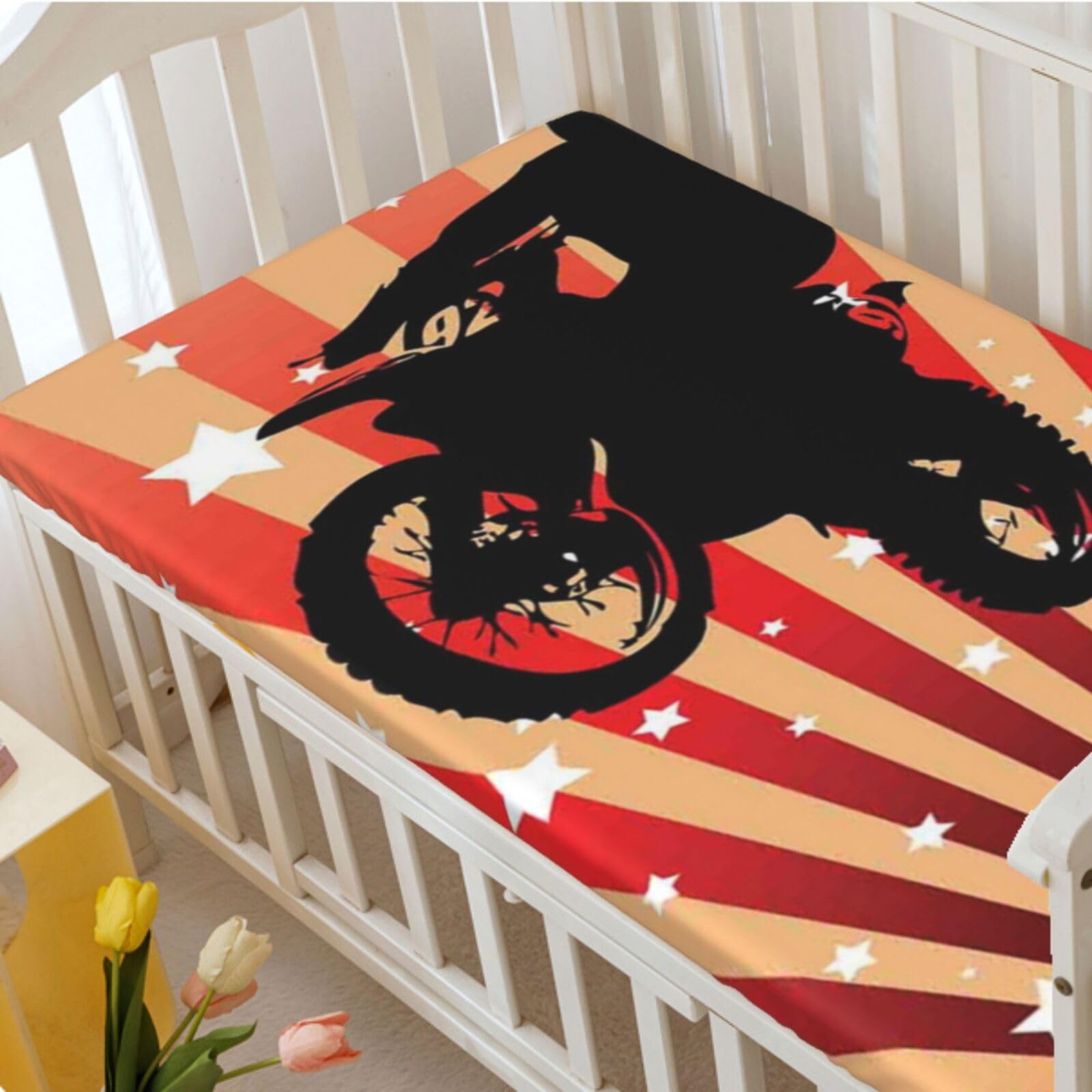 Dirt Bike Themed Fitted Mini Crib Sheets,Portable Mini Crib Sheets Soft & Stretchy Fitted Crib Sheet - Crib Mattress Sheet or Toddler Bed Sheet,24“ x38“,Vermilion Peach and Black