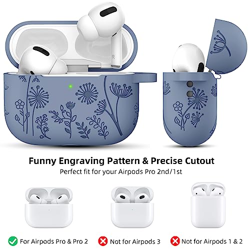 Lerobo Flower Engraved Cover Compatible with Airpod Pro Case 2nd 1st Generation Cute, Full Protective Soft Silicone Case for Apple AirPod Pro/AirPods Pro 2 Case USB C, Front LED Visible, Lavender Gray