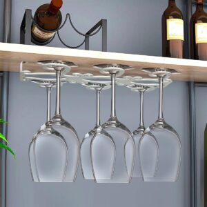 GeLive Under Cabinet Wine Glass Holder Stemware Rack 6 Hook Wine Glass Hanger Space Saver Storage Organizer for Kitchen and Bar Butterfly Shape (White)