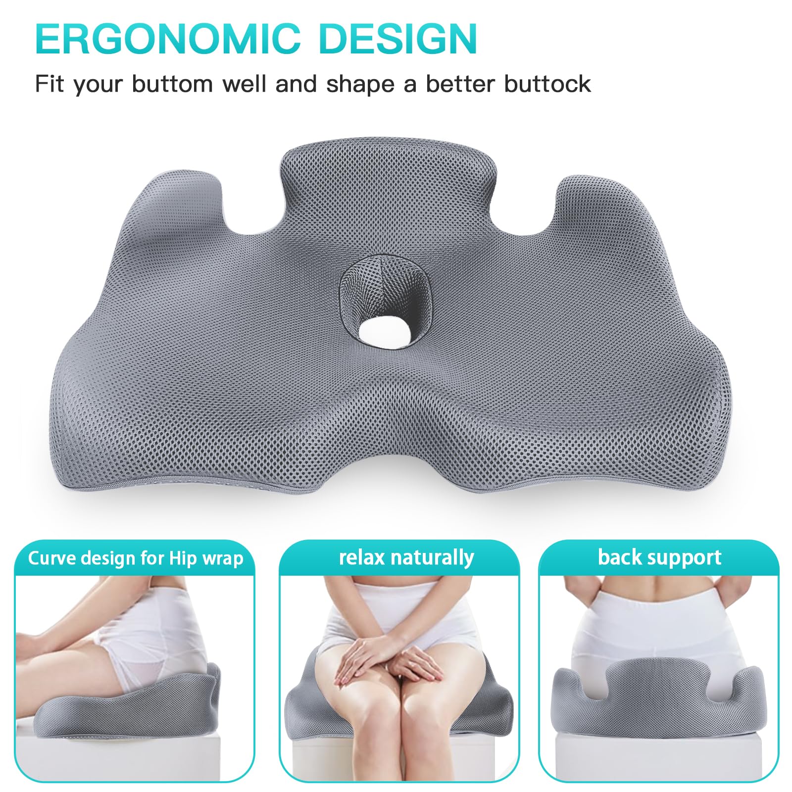 Benazcap X Large Memory Seat Cushion for Office Chair Sciatica & Back Pain Relief Memory Foam Firm Coccyx Pad for Car, Wheelchair, Gaming Chair and Desk Chair, Gray